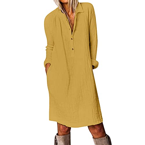 Lightweight Shift Dress for Women Button V Neck Lapel Collar Loose Dress Solid Color Pockets Loose Dress