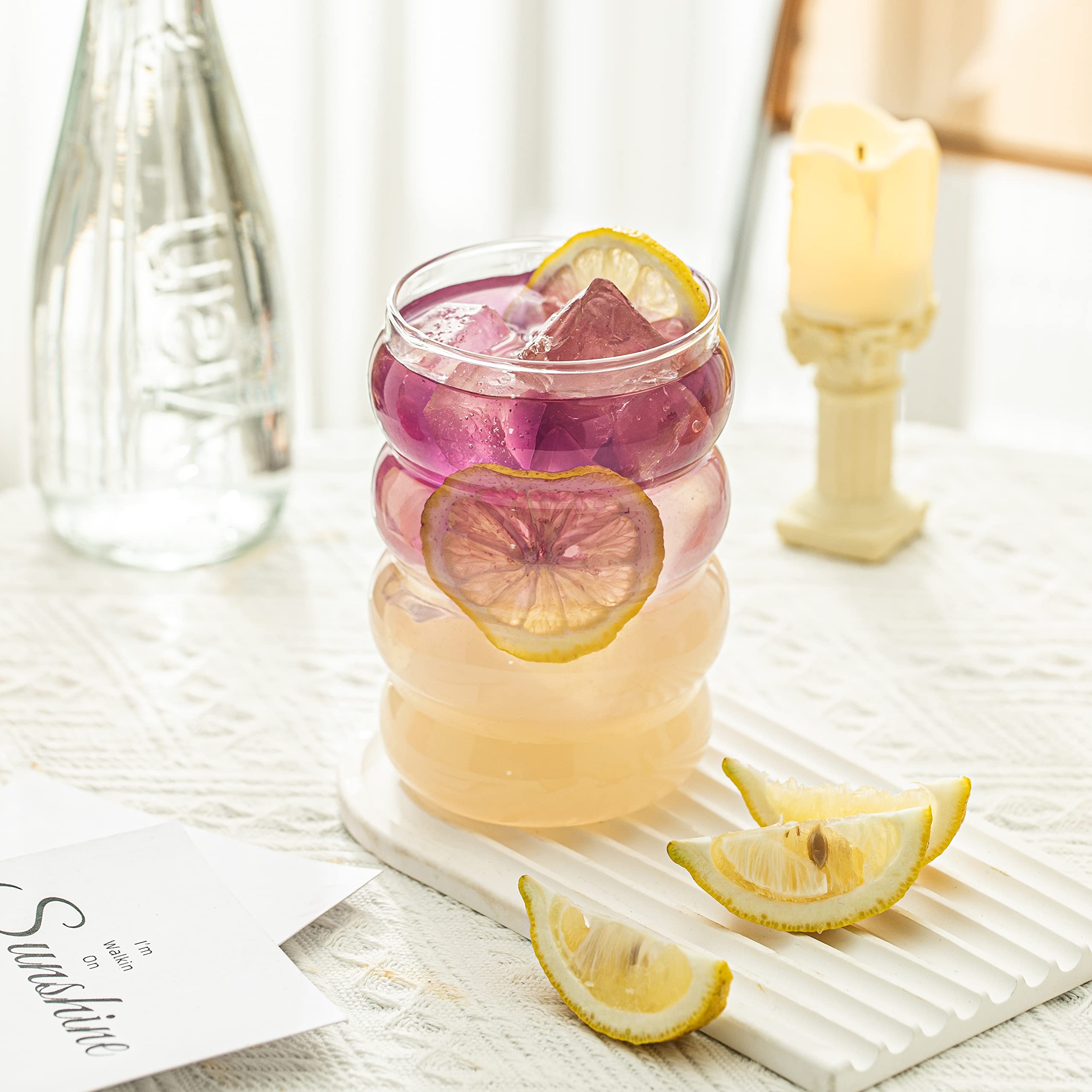 KEMORELA 18oz Wave Shape Beverage Glasses With Straws,Vintage Glass Cups Wine Mugs Of 4 Set, Ripple Drinking Glasses,for Juice Beer Wine Champagne Cocktail Home Kitchen Bar Mixed Drinks (4PCS-Clear)
