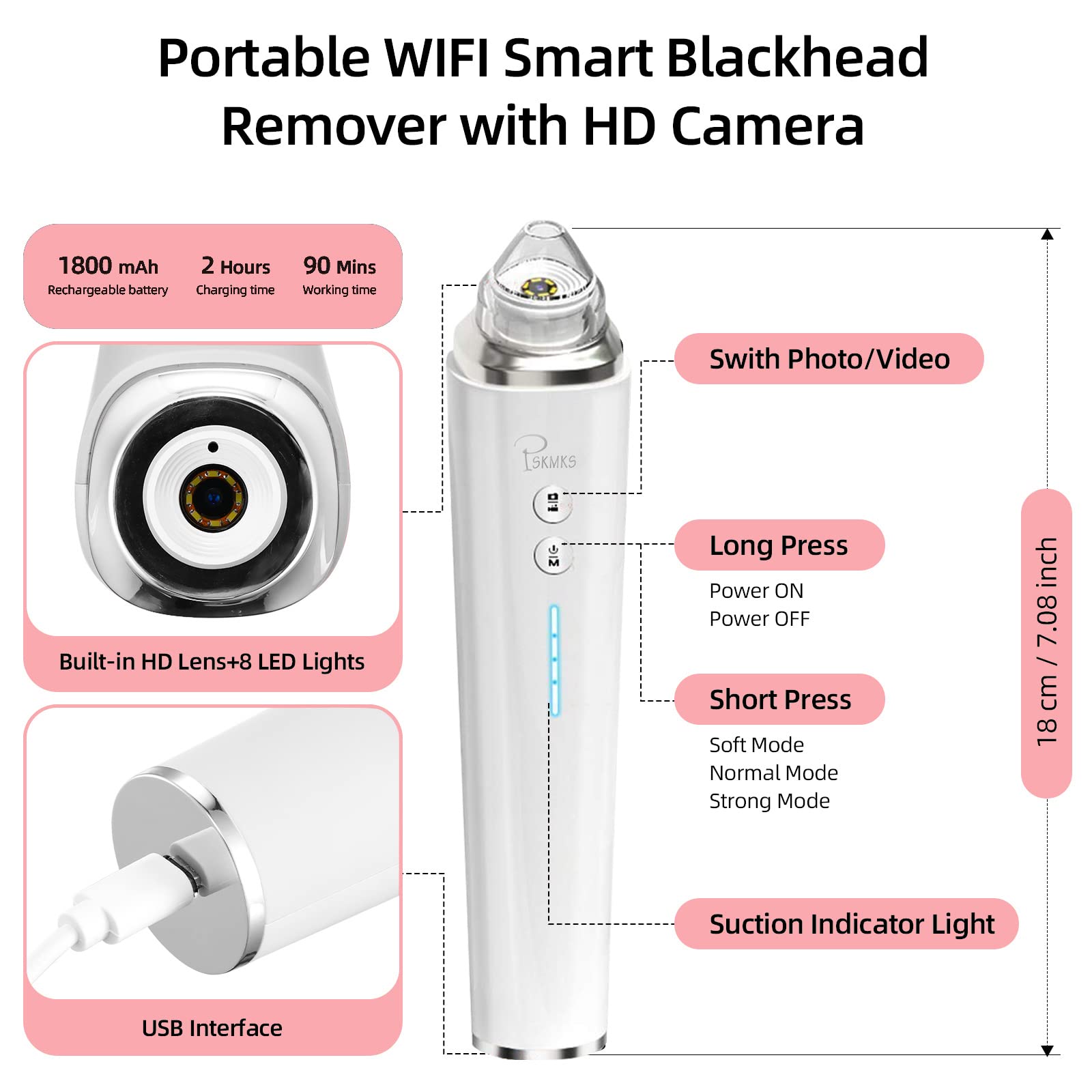 PSKMKS Blackhead Remover Vacuum with Camera 2021 Upgraded 5.0 MP Visual Facial Pore Cleaner USB Rechargeable Acne Comedone Whitehead Extractor Sucker Tool Blackhead Remover Kit Suction for Women & Men