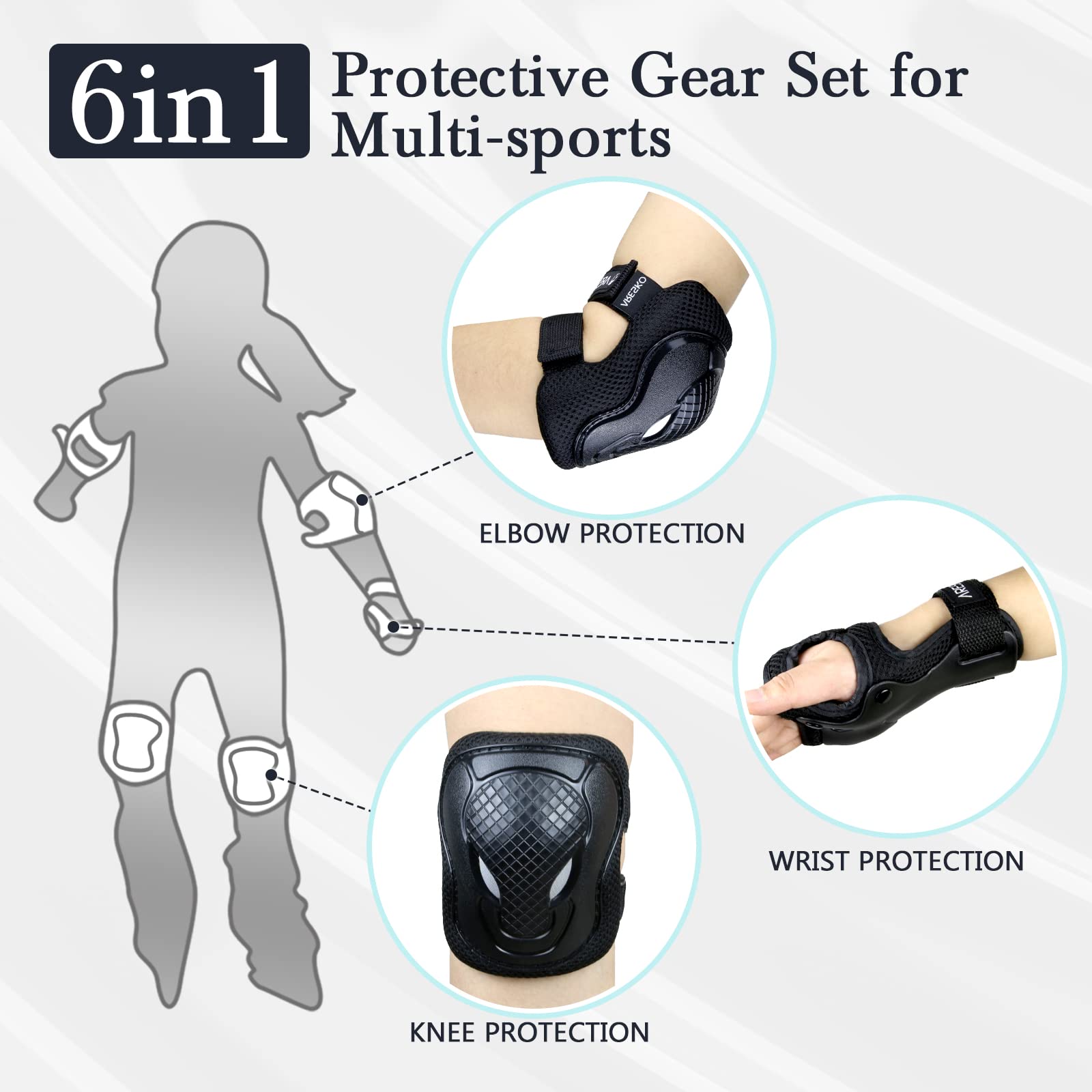 Kids/Youth Protective Gear Set, Kids Knee Pads and Elbow Pads Wrist Guard Protector 6 in 1 Protective Gear Set for Scooter, Skateboard, Bicycle, Inline Skating