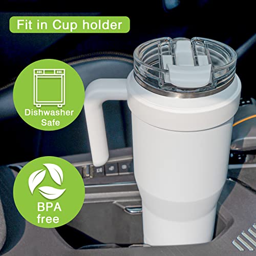 Zukro 50 oz Mug Tumbler With Handle And Flip Straw, Leakproof Vacuum Insulated Stainless Steel Cup Water Bottle with 2-in-1 Lid,Large Travel Mug, Fit in Cup Holder, Keeps Cold for 30 Hours, White