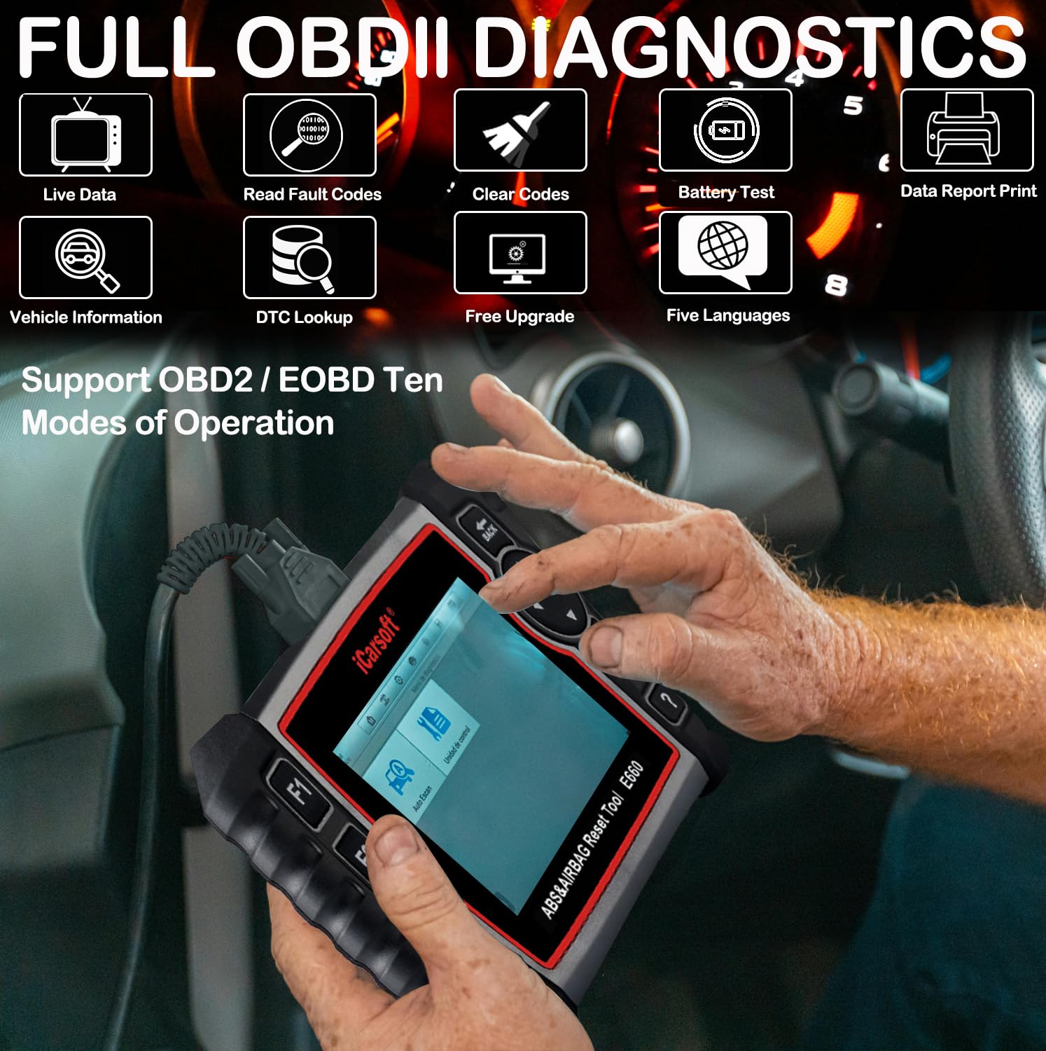 iCarsoft E660 ABS Diagnostic Tool, OBD2 Scanner for ABS/SRS/SAS/EPB/Engine, Car Code Reader with SAS/EPB Reset/Battery Test, Auto Diagnostic Car Scanner Read Clear Fault Codes,Free Upgrade