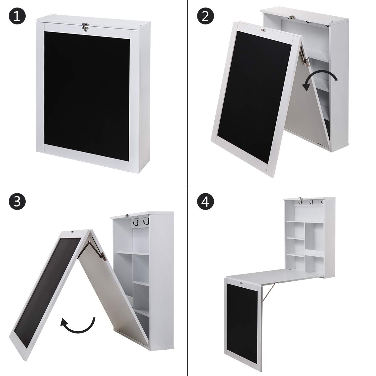 JAXSUNNY Modern Space-Saving Fold Out Convertible Floating Compact Wood Wall-Mounted Folding Desk with Multiple Storage Compartments for Home and Office,Blackboard, White and Black