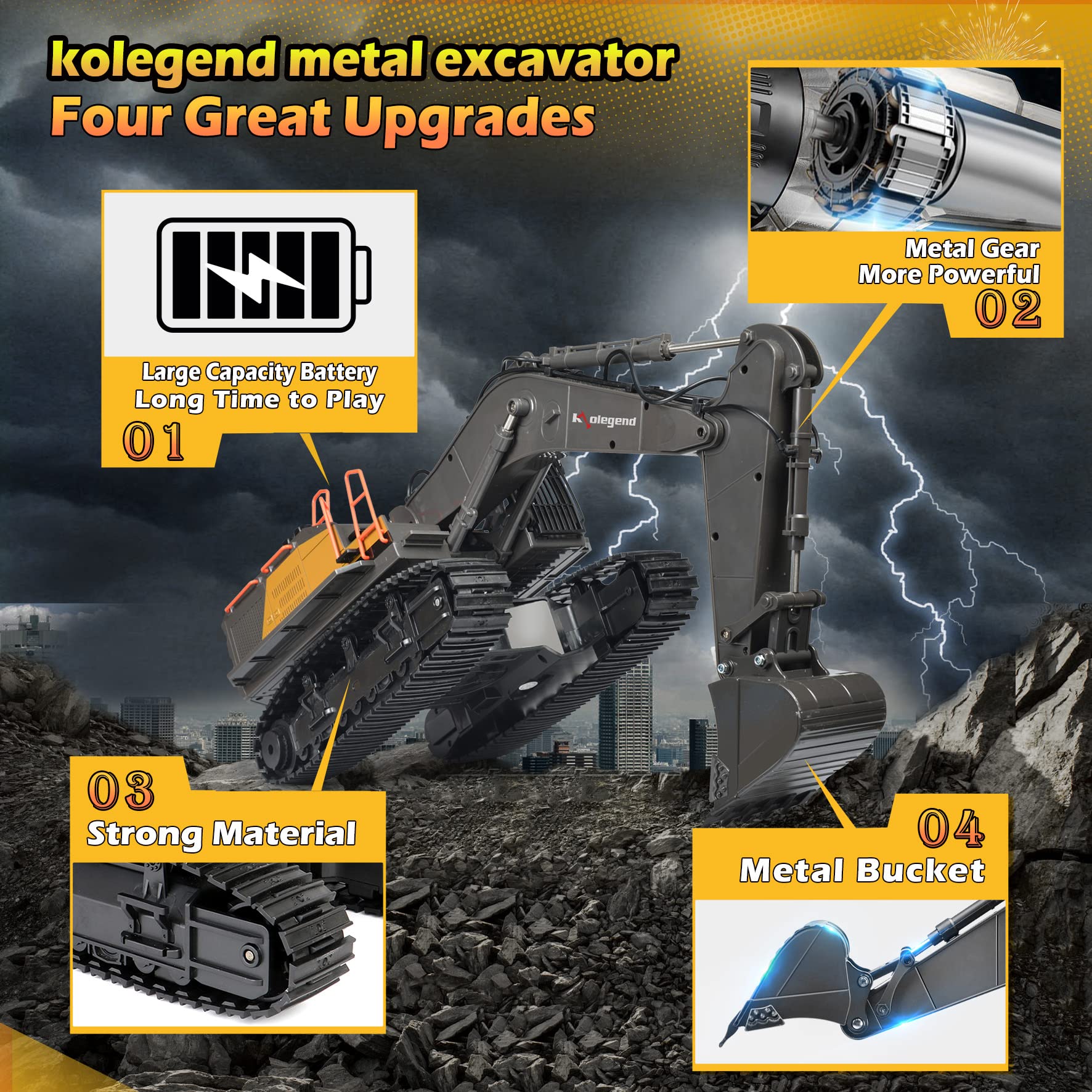 kolegend 22 Channel RC Excavator Metal Shovel Independent Arms 1/14 Scale, Professional Remote Control Construction Vehicles, Boy Toys Best Gift for 8+ Years Old Boys Adults