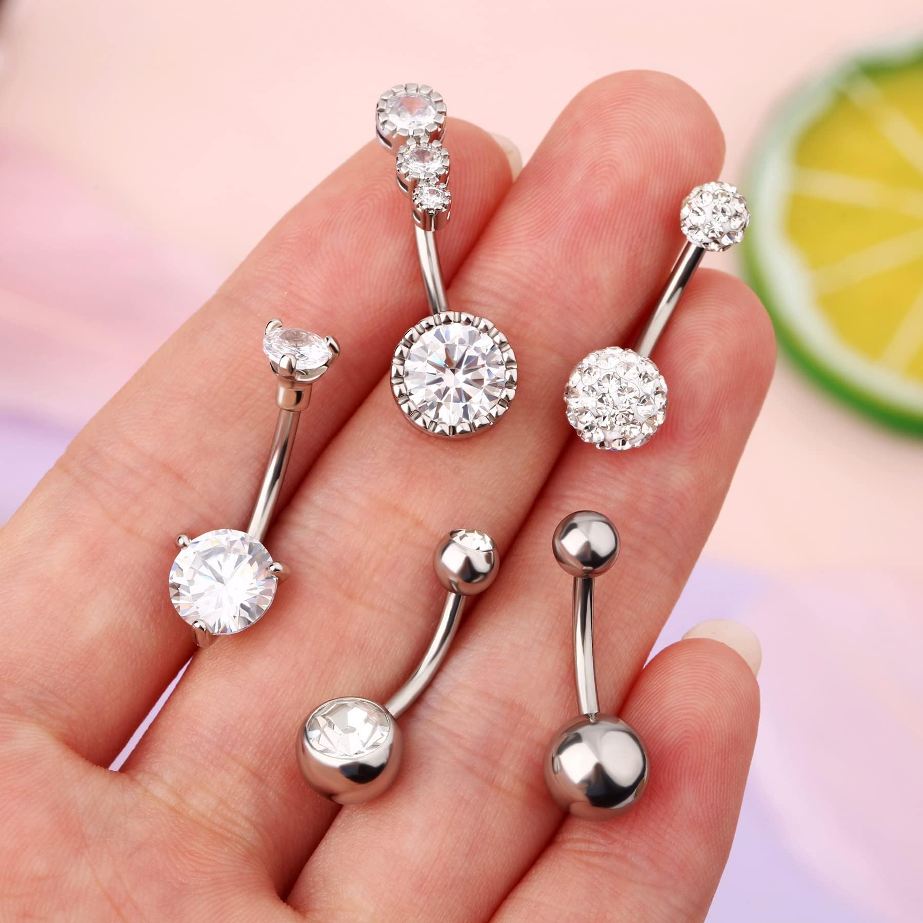 Melighting 5pcs Belly Button Rings 14G Belly Rings Stainless Steel 316L Dangle Belly Piercing Jewelry for Women Pack Clear CZ Belly Piercing Random Shipment