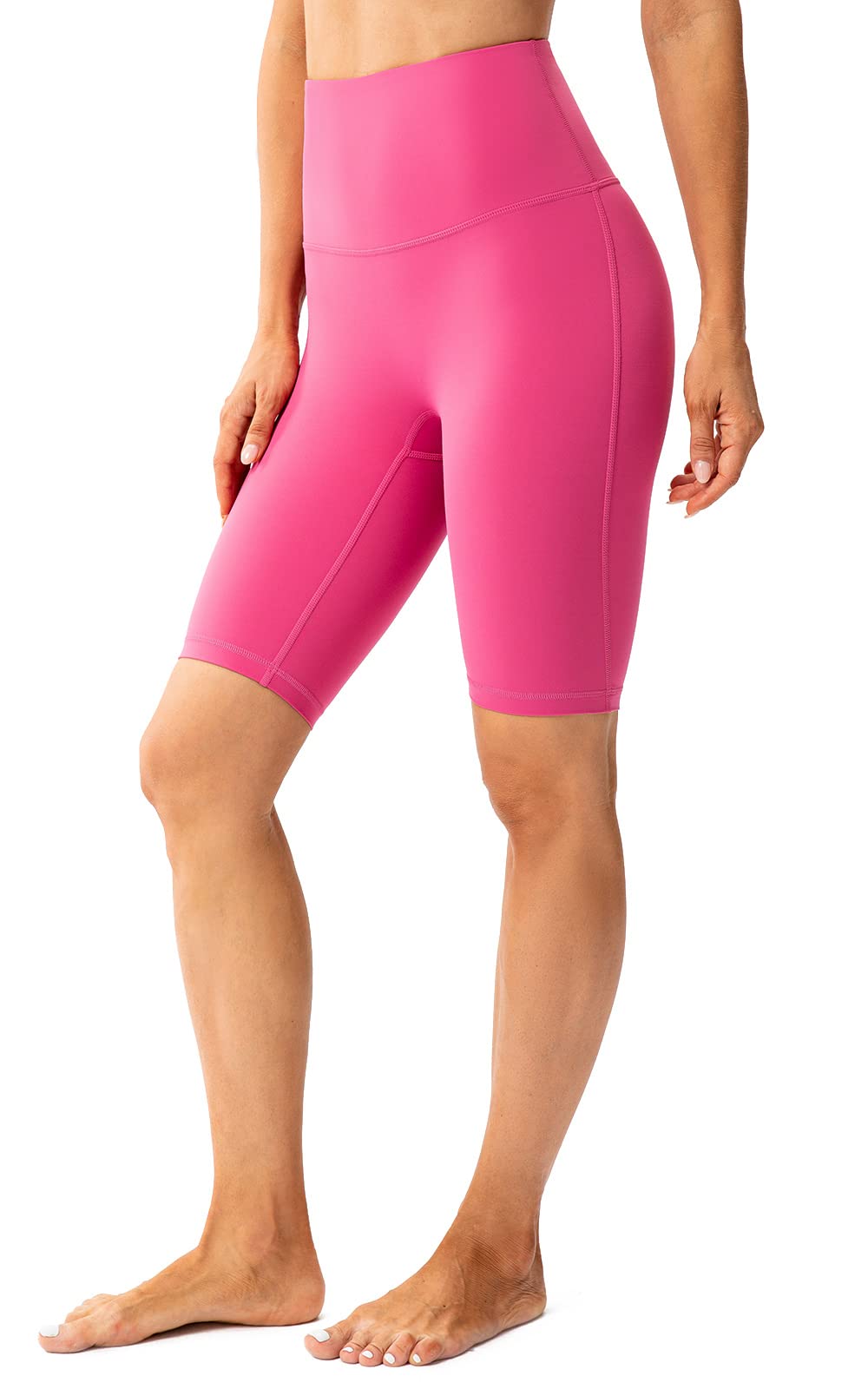 Lavento Women's High Waisted Biker Shorts 8" - No Front Seam Workout Yoga Gym Shorts (Hot Pink, 6)