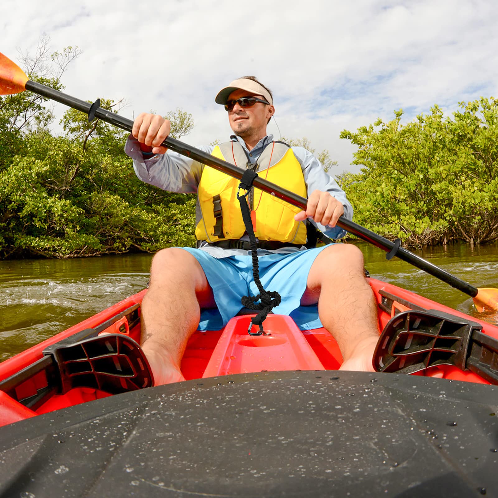 Luckyhern 2 Pack Kayak Paddle Leash - Secure Stretch Lanyard Leash for Paddles and Fishing Poles - Quick Realease - Drip Rings Included