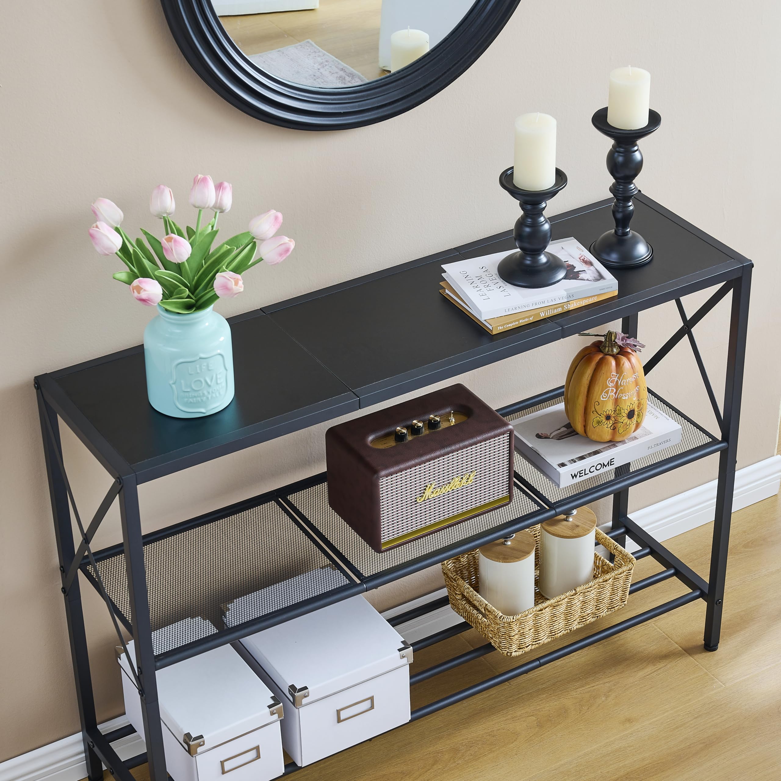 Hoctieon Gold Console Table, 3 Tier Entryway Table, Hallway Table, Narrow Sofa Table with Shelves, Entrance Table for Entryway, Gold and White