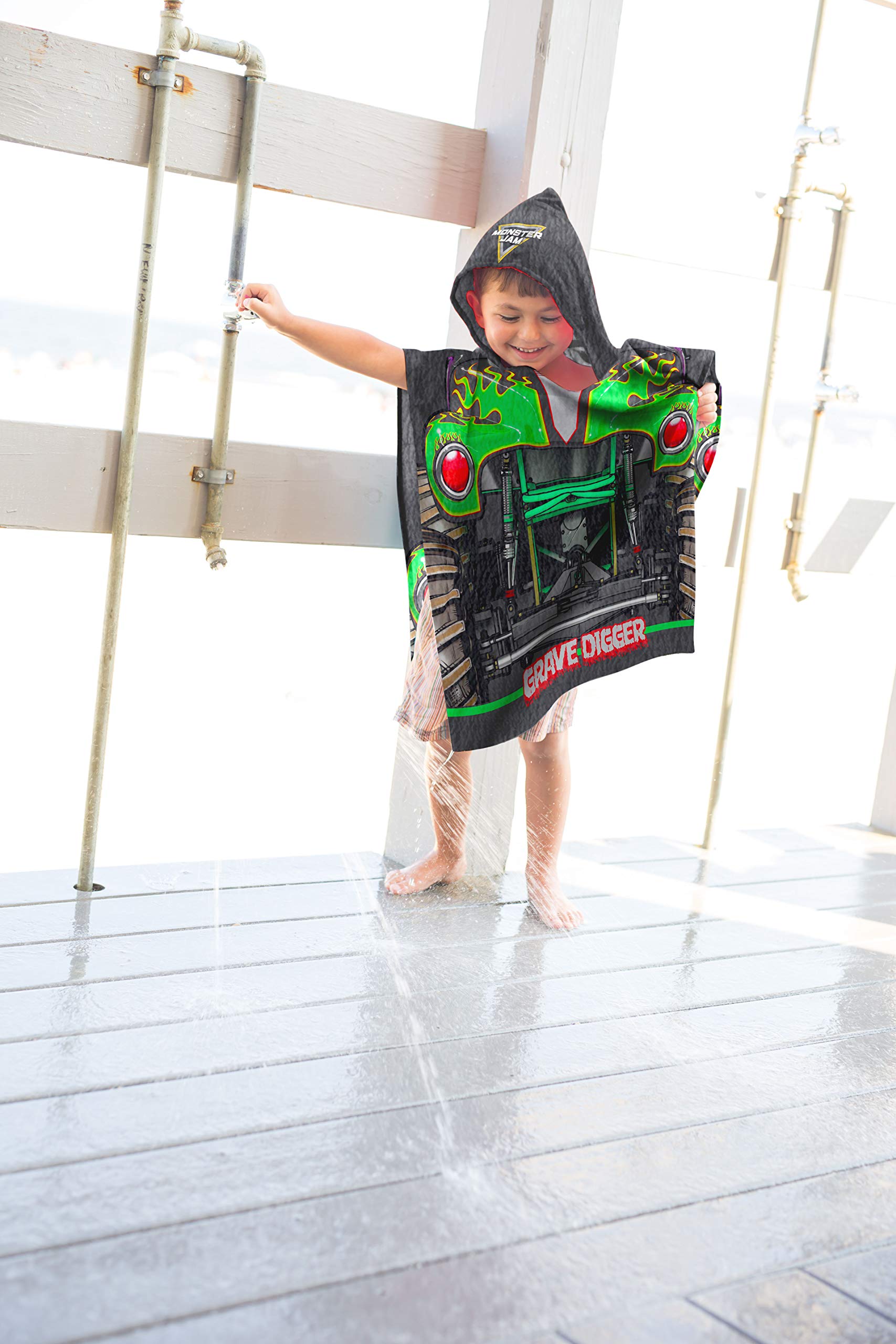 Jay Franco Monster Jam Grave Digger Kids Bath/Pool/Beach Hooded Poncho - Super Soft & Absorbent Cotton Towel, Measures 22 x 22 Inches