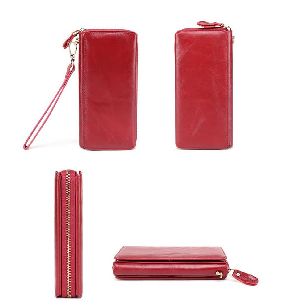 NA Wallet Women Leather Wallets RFID Blocking Bifold Credit Card Case Money Organizers Large Capacity Cash with Zipper and Button (Red)