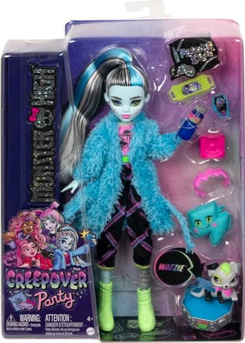 Monster High Doll, Frankie Stein Creepover Party Set with Pet Dog Watzie, Sleepover Clothes and Accessories