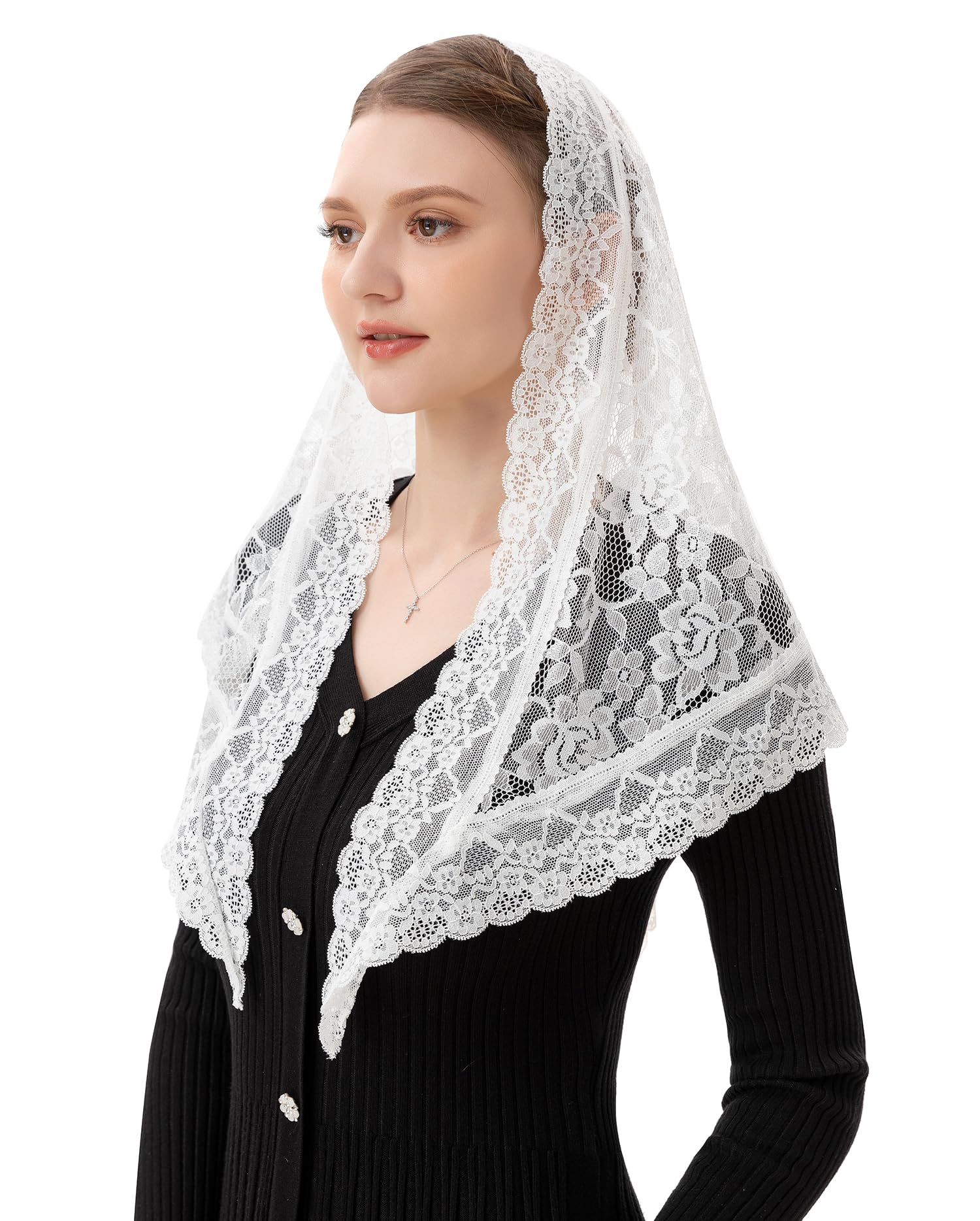 PAMOR Veils for Church Catholic Triangluar Scarf Embroidered Chapel Veil Head Covering Latin Mass Mantilla (White)
