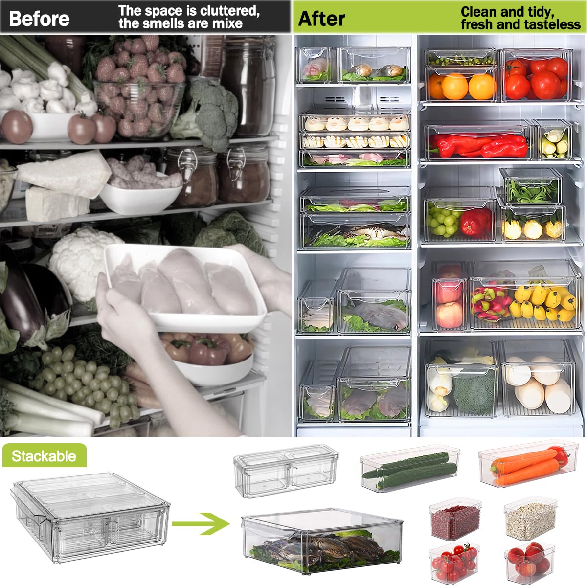 JUMAIPRO Refrigerator Organizer Bins with Lids, 10 Pack Stackable Fridge Organization, Clear Plastic Pantry Food Storage Bins, Vegetable Fruit Storage Containers for Kitchen, Cabinets, Fridge