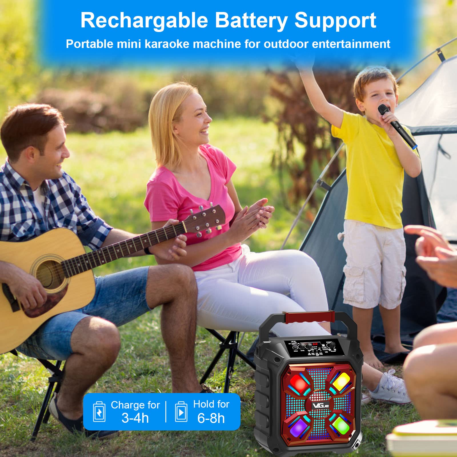 Karaoke Machine for Kids, VeGue Portable Bluetooth Speaker PA System with Wireless Microphone, LED Lights, Remote Control, Supports Tf Card/USB/AUX Input, Ideal for Home Karaoke, Party (VS-0606)