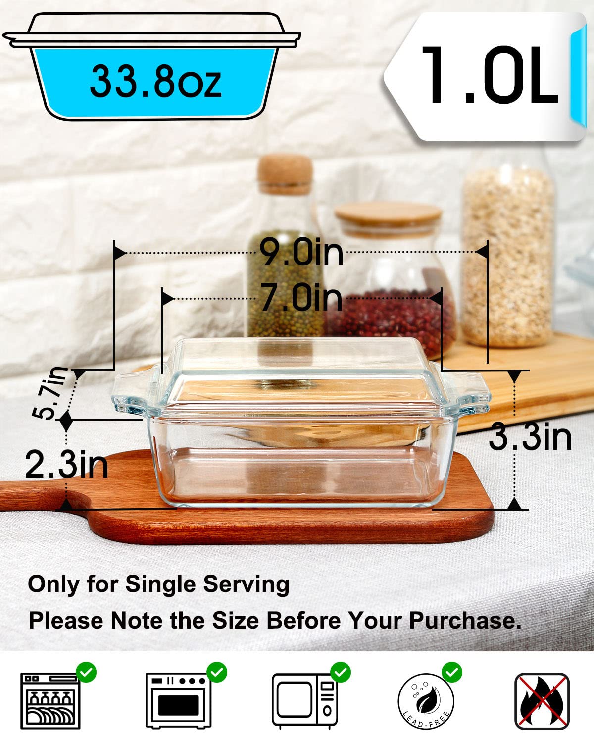 Mini-1 QT (5.7in x 7in) Rectangular Glass Casserole Dish With Glass Lid, (Single Serving) Glass Bakeware with Lid Glass Microwave Casserole Dish Lidded Small Casserole Dish