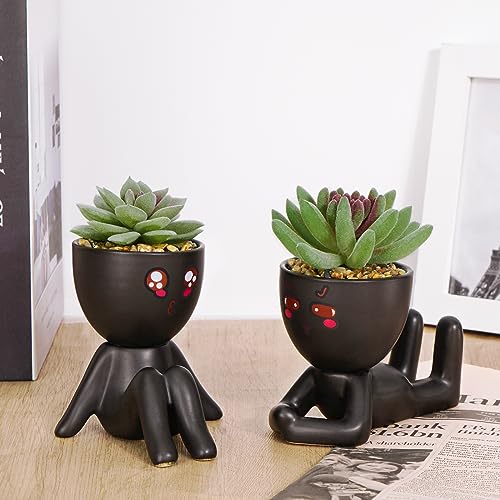 Yastouay 2 Pack Fake Succulents Plants Artificial Succulents Cute Faux Succulents in Black Human Shaped Pots Office Desk Decor for Women