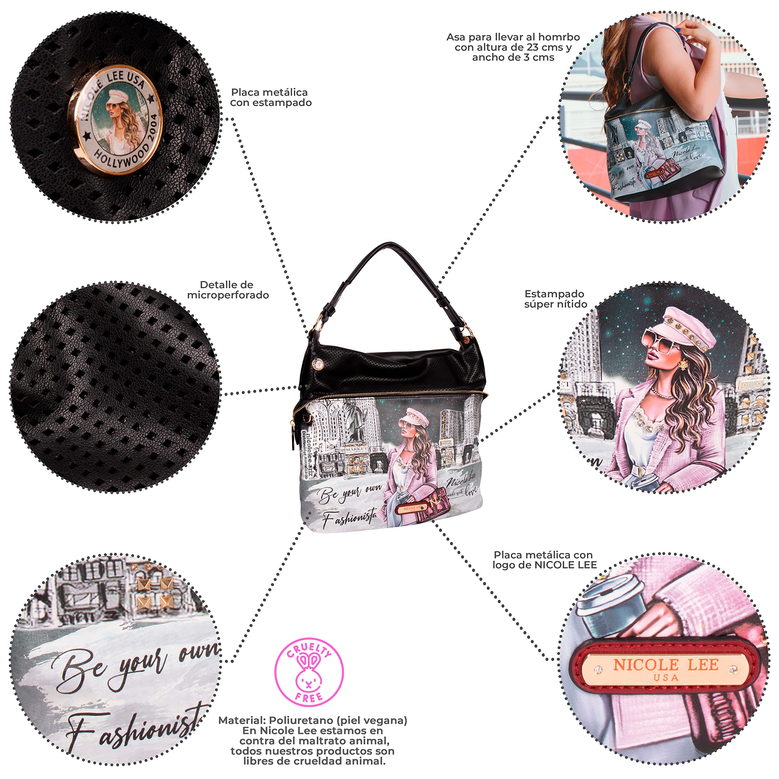 Nicole Lee Sara is Soft but Strong Large Shoulder Bag, Black Diamond Embellished Studded Handbag with Adjustable, Detachable Crossbody Strap