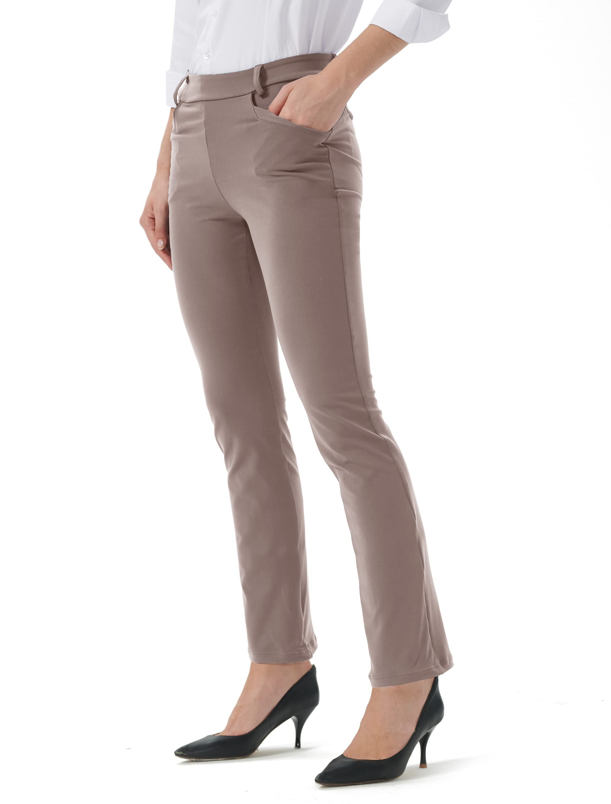 Keolorn Dress Pants Bootcut Yoga Pants for Women with Pockets High Waisted Workout Pants for Women Pull on Stretch Trousers(Light Brown,L)