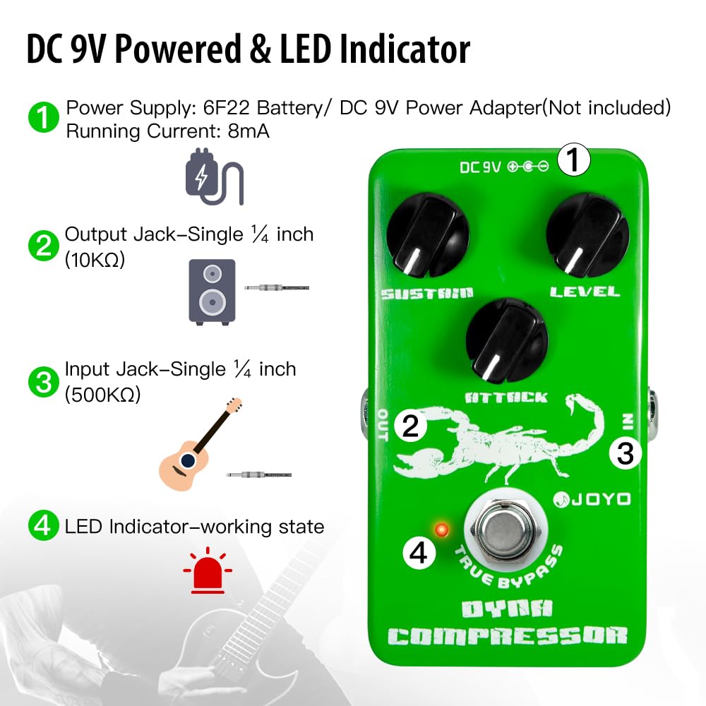 JOYO Dyna Compressor, JF-10 Model for Electric Guitar & Bass, Classic Ross Re-creation, Low Noise, True Bypass