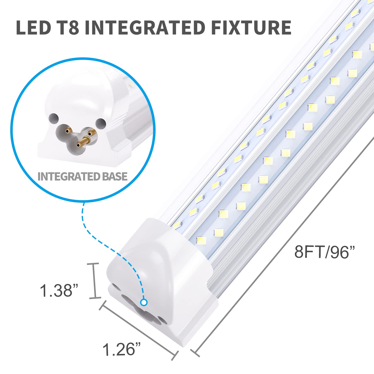 JOMITOP 8 Ft Integrated LED Tube Light 120W T8 V Shaped 96" Four Row 14400 Lumens(300W Fluorescent Equivalent) Clear Cover Super Bright White 6500K Pack of 6