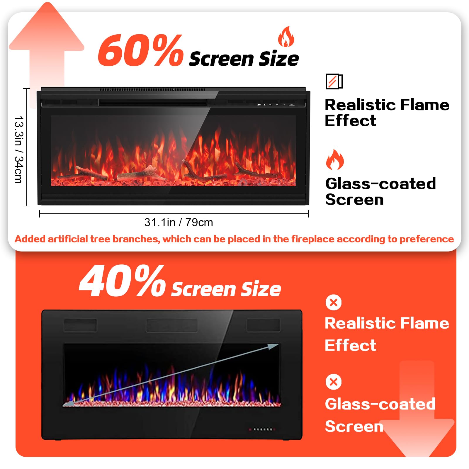 Ooiior 40 Inch Electric Fireplace, Recessed and Wall Mounted Fireplace with Remote Control, Ultra-Thin Fireplace Heater and Linear Fireplace, with Timer, Adjustable Flame Color, 750/1500W