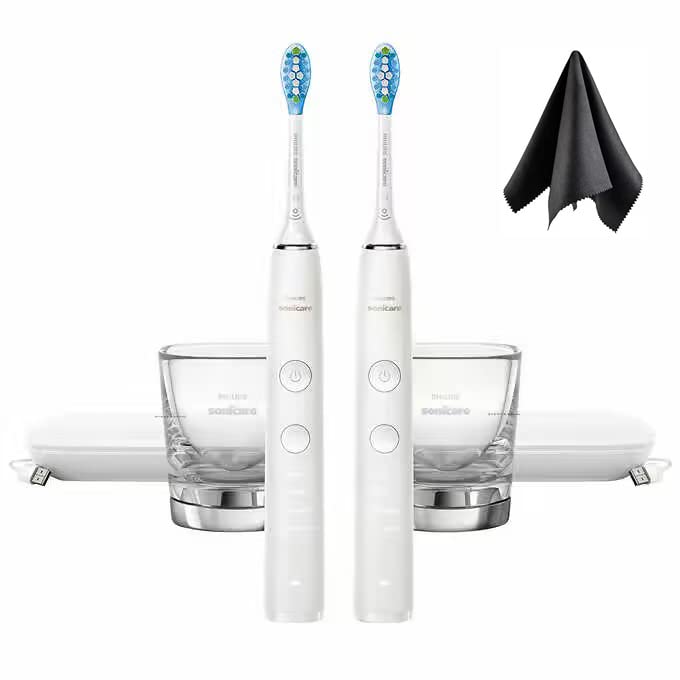 PHILIPS Sonicare DiamondClean Connected Rechargeable Toothbrush, Complete Oral Care 2-Pack, W/ Silmarils Wipes Cloth (White-White) 1 Count
