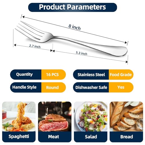 ITITT 16 Piece Dinner Forks, 8 Inch, Top Food Grade Extra-Fine Stainless Steel Silverware Forks,Silverware Set, Dishwasher Safe (Silver)