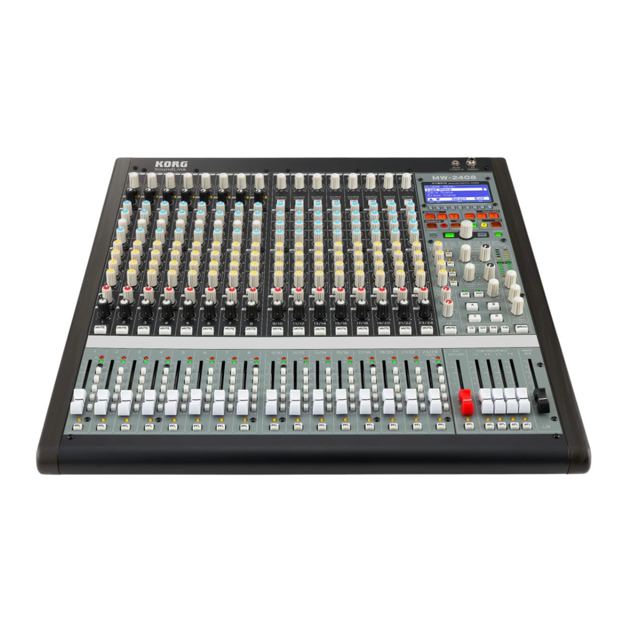 Korg SoundLink MW2408 24-Channel 8-Bus Hybrid Analog/Digital Mixer Bundle with Knox Gear Closed-Back Headphones, XLR Cables, and 1/4-Inch TRS Cables (6 Items)