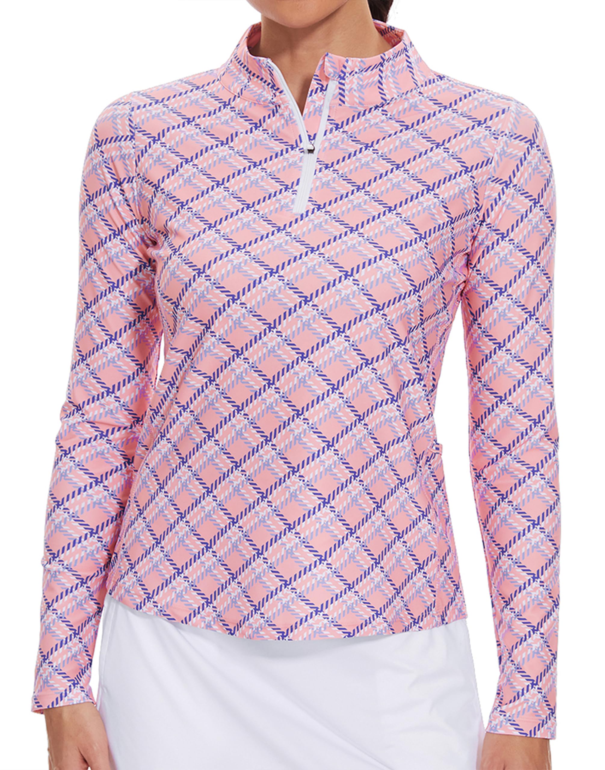 M MOTEEPI Womens Golf Shirt Long Sleeve Athletic Workout Tops for Women Quarter Zip Pullover Polo with Pocket Pink Plaid Small