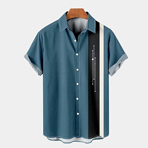 Mens Slim-Fit Blouses V-Neck Casual Printing Vacation Beach Shirts Short-Sleeved Button Down Open Front Tops Blue