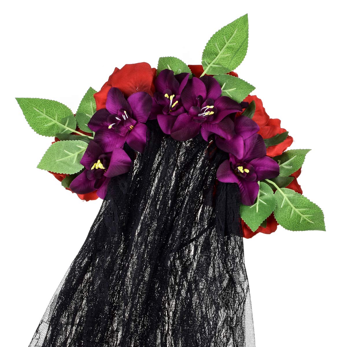 June Bloomy Day of the Dead Headpiece Rose Floral Crown Veil Halloween Costume Mexican Headband (Burgundy)