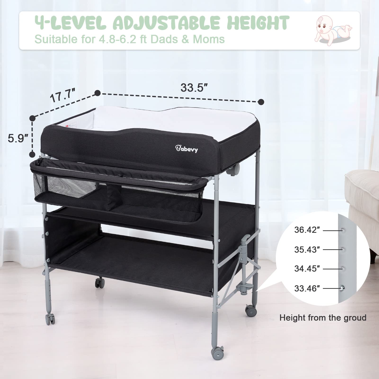 Portable Baby Changing Table, Babevy Foldable Changing Station Changing Dresser with Wheels for Infant, Waterproof Diaper Changing Table Pad Topper, Mobile Nursery Organizer for Newborn (Black)
