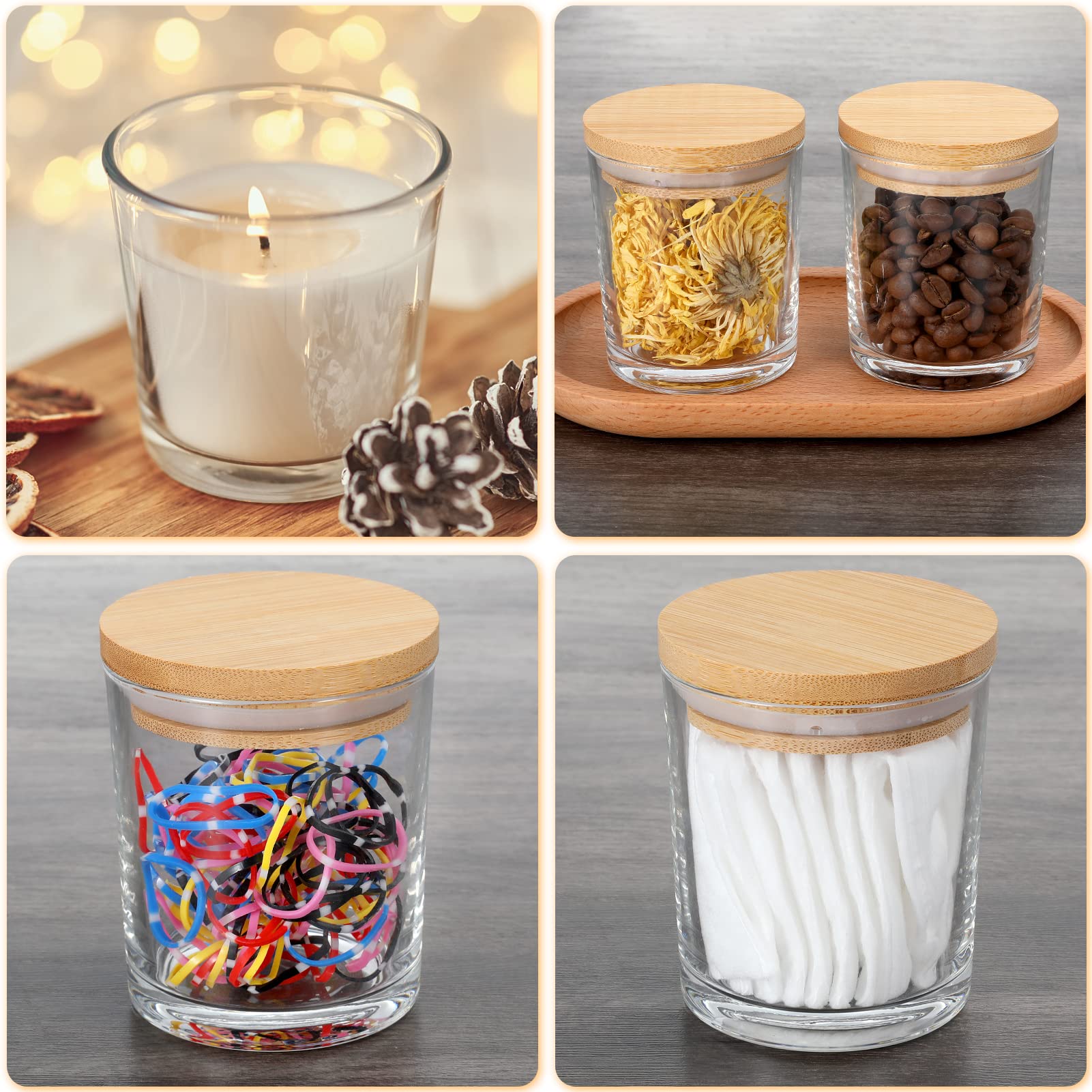 JuneHeart 15 Pack 6 OZ Candle Jars for Making Candles, Empty Glass Candle Jars with Bamboo Lids and 50 Candle Wicks Kit for Making Candles-Dishwasher Safe (Clear Jars, 15 Pack 8OZ)