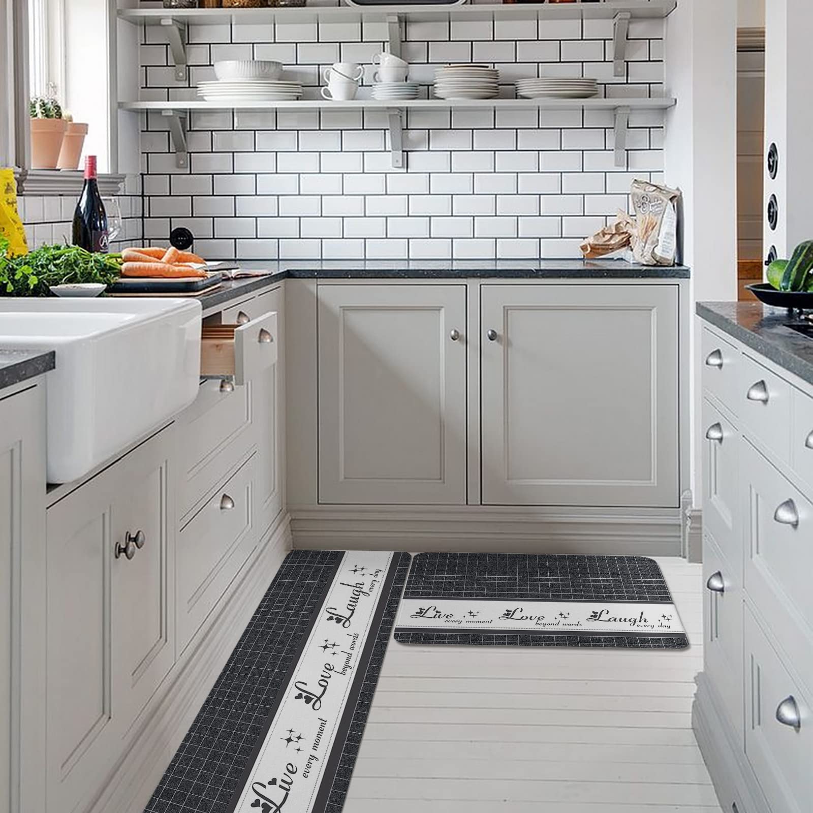 Live Love Laugh Grey Kitchen Rugs and Mats 2 Pieces Set, Gray Checkered Wall Art Modern Non Slip Floor Mat for Sink Laundry, Cushioned Anti-Fatigue Comfort Mat for Kitchen (24"x36"+20"x71")