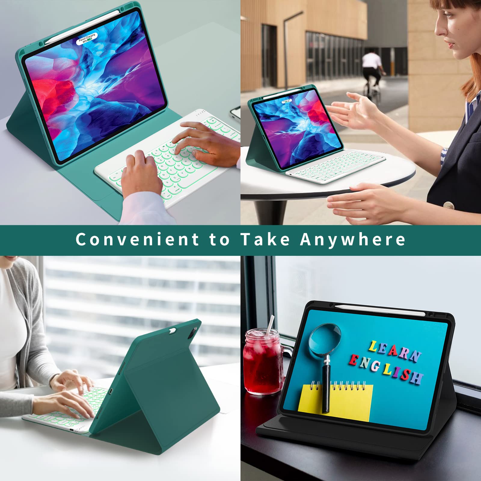 OPAKIT Pro 12.9-inch (4th/5th/6th gen - 2020,2021,2022) Keyboard Case, 7 Colors Backlit Detachable Keyboard, Smart Folio Case with Pencil Holder - Auto Sleep/Wake (Teal)