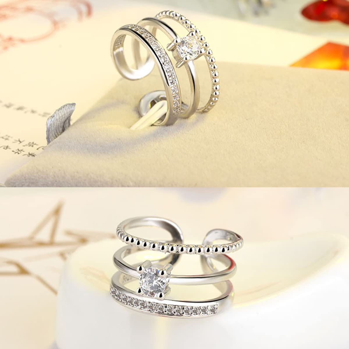 MYLYAHY S925 Sterling Silver 3 Row Lines Wide Bands Ring for Women,Adjustable Forefinger Thumb Finger Midi Knuckle Ring (Ring_B, Adjustable)