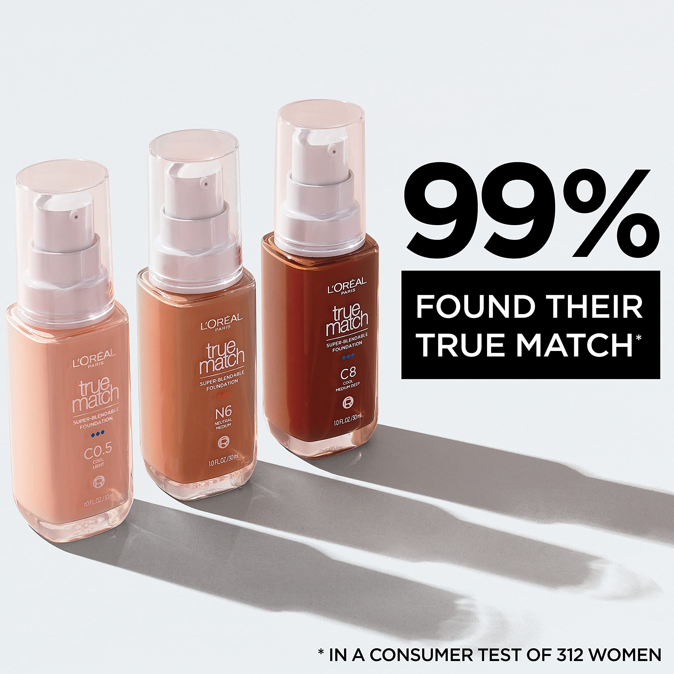 L'Oreal Paris True Match Super-Blendable Foundation, Medium Coverage Liquid Foundation Makeup, W8, Medium Deep, 1 Fl Oz