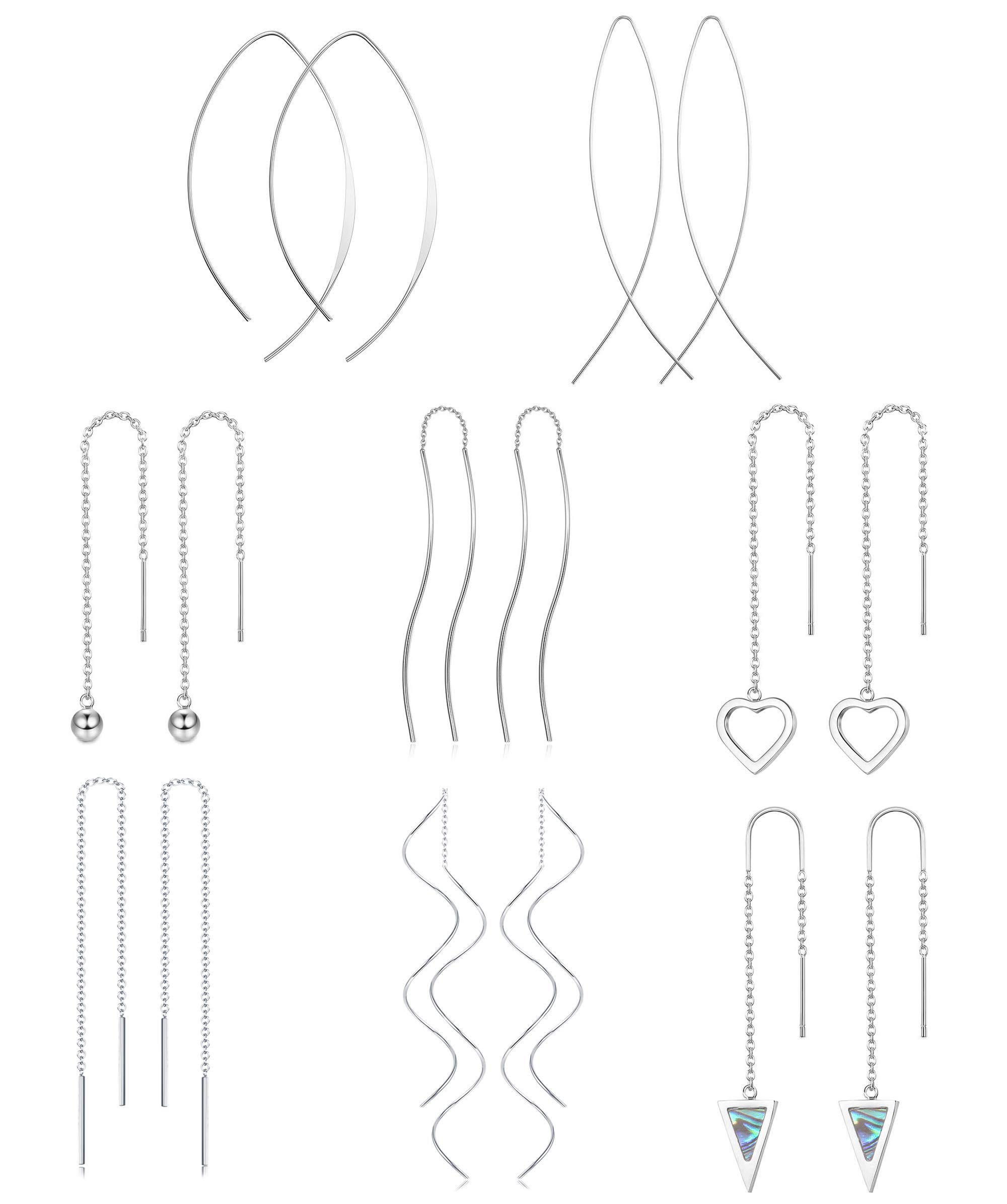 Jstyle 8Pairs Stainless Steel Curved Threader Earrings for Women Drop Dangle Tassel Chain Earrings Set Lightweight Silver Tone