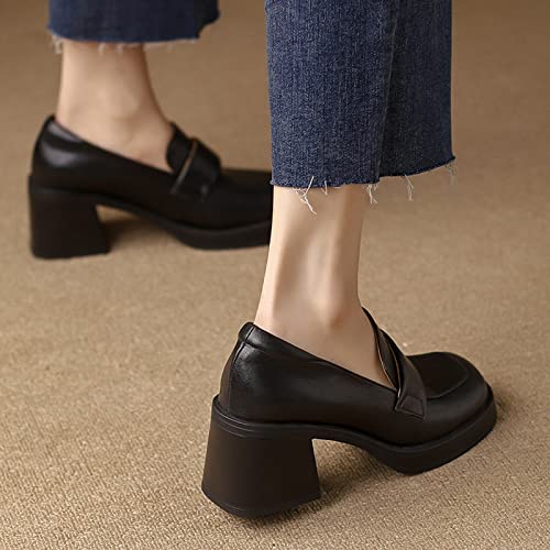 Leisure Women Artificial Leather Solid Color Autumn Thick Sole Square Heels Slip On Mens Slip on Winter Shoes Casual Black