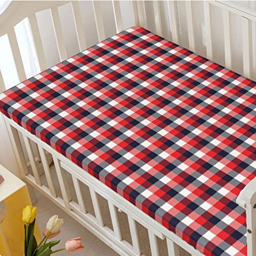 Plaid Themed Fitted Mini Crib Sheets,Portable Mini Crib Sheets Ultra Soft Material-Baby Sheet for Boys Girls,24β x38β,Vermilion Dark Blue White
