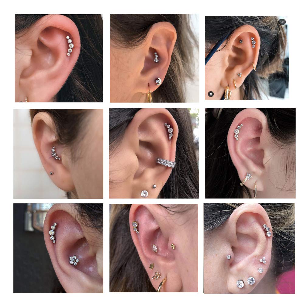 KaseStyle G23 Titanium Labret Studs 16G Internal Threaded Helix Cartilage Tragus Conch Earring Monroe Cluster Piercing Jewelry (C: 1 pcs silver)