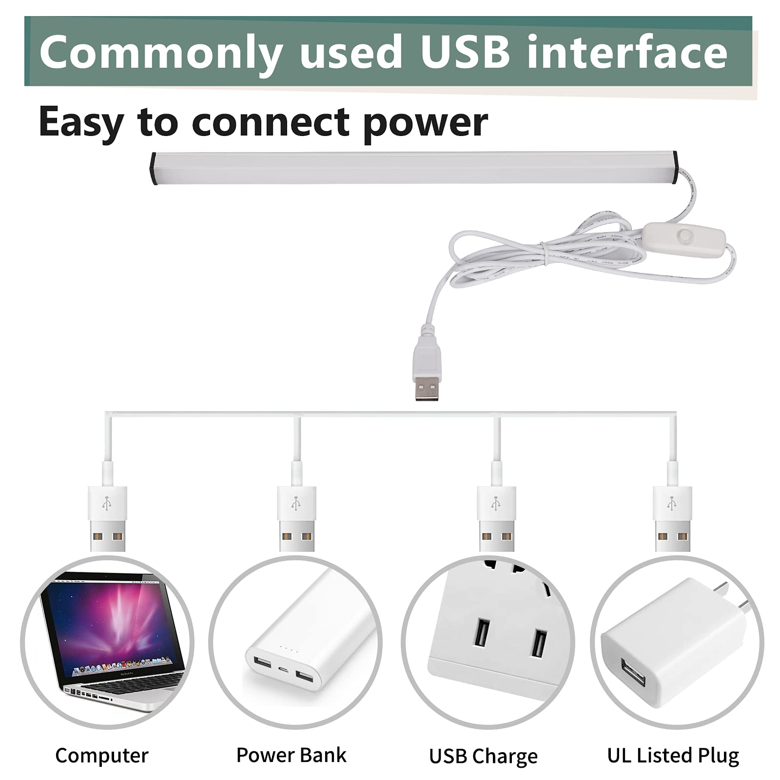 LED Under Cabinet Lighting Plug in, 12 Inch Under Cabinet Lights, USB Led Light Strip Bar, 5000K Cool White, Under Counter Light for Kitchen/Workbench/Shelf/Desk