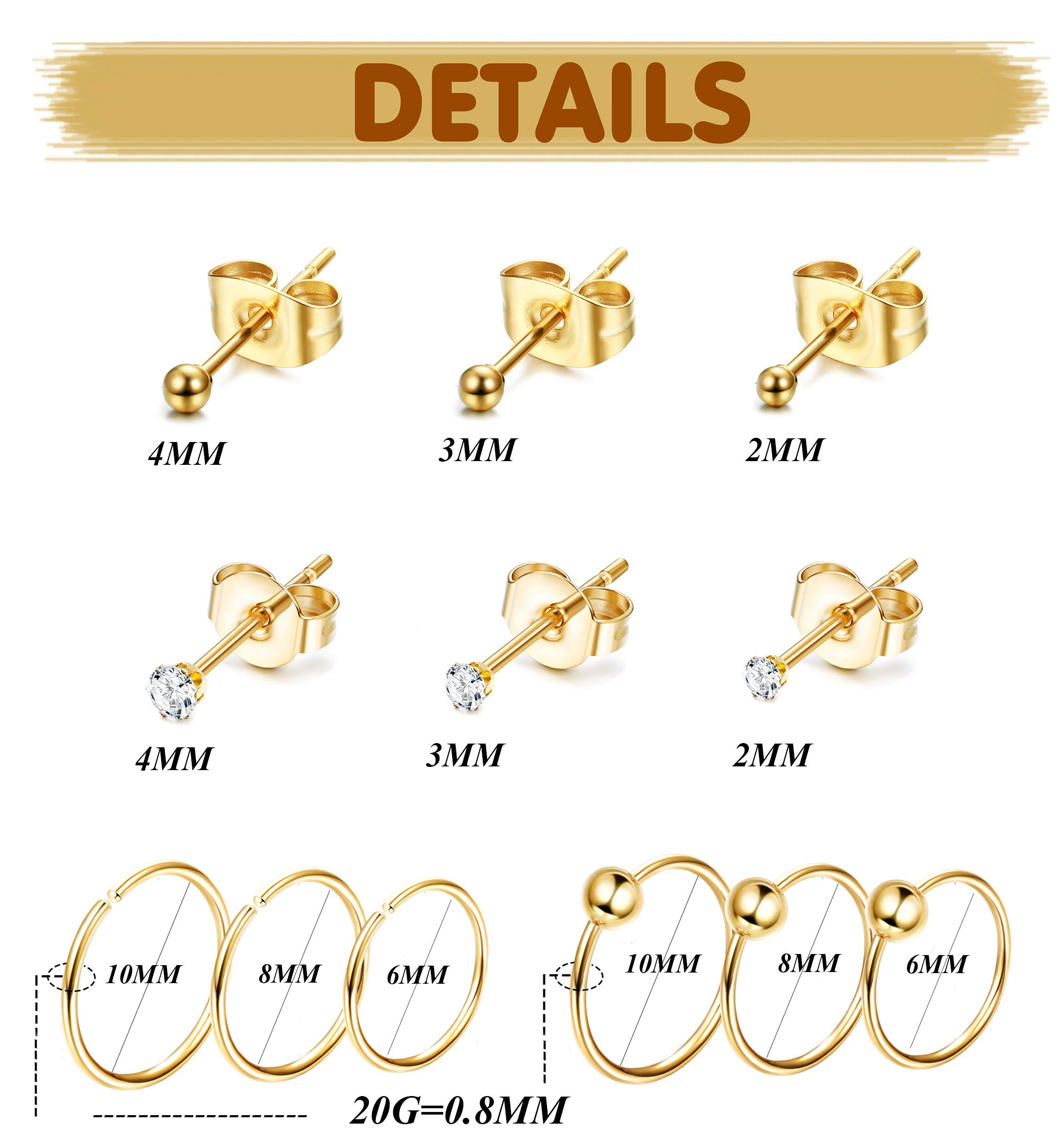 Jstyle 18 Pairs 20G Stainless Steel Tiny Stud Earrings For Womens Hoops Earrings Set Tragus Cartilage Piercing Jewelry