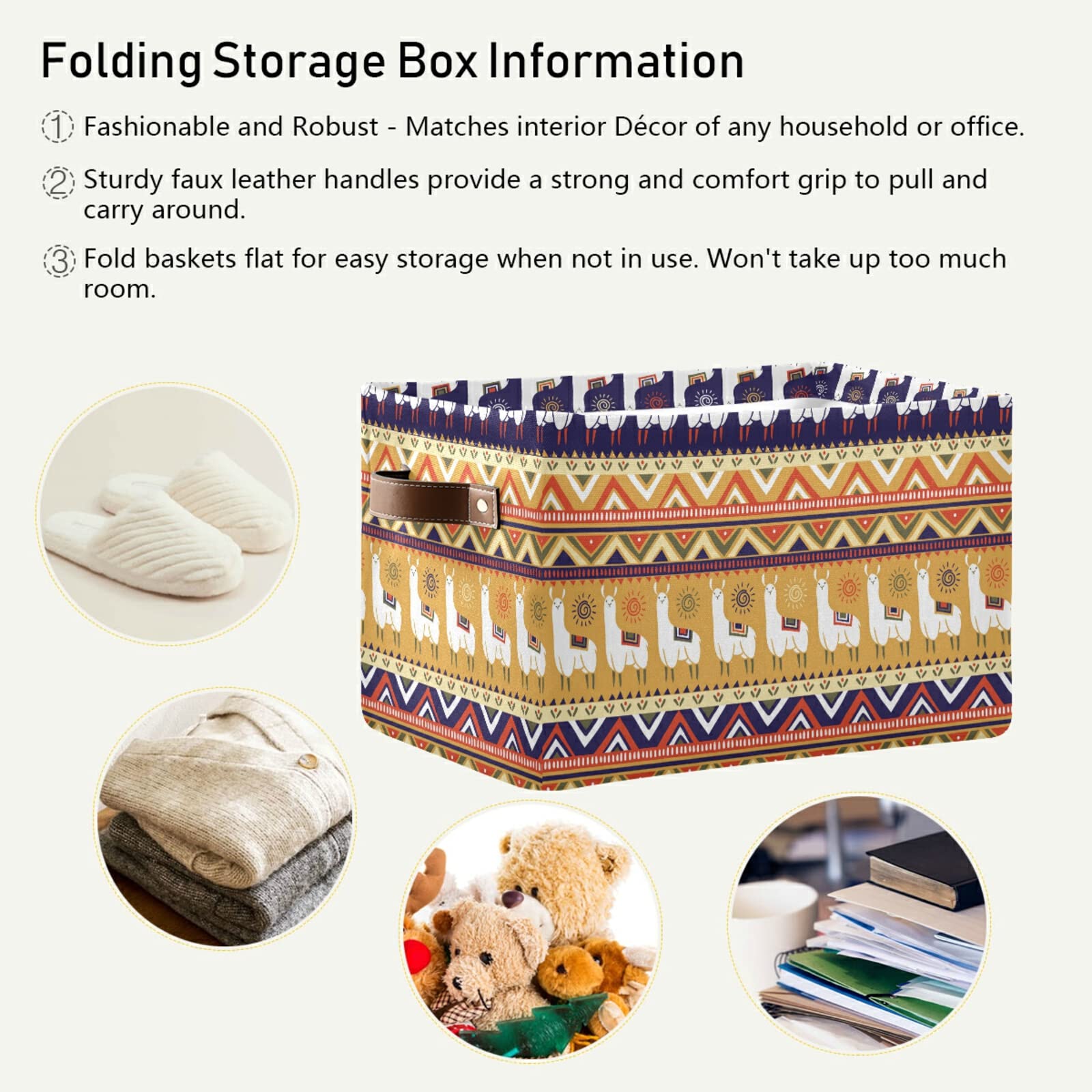 Large Storage Bin Llamas Geometrical Ornaments Cube Storage Basket Canvas Fabric Collapsible Organizer Handles Decorative for Toys Nursery Bedroom