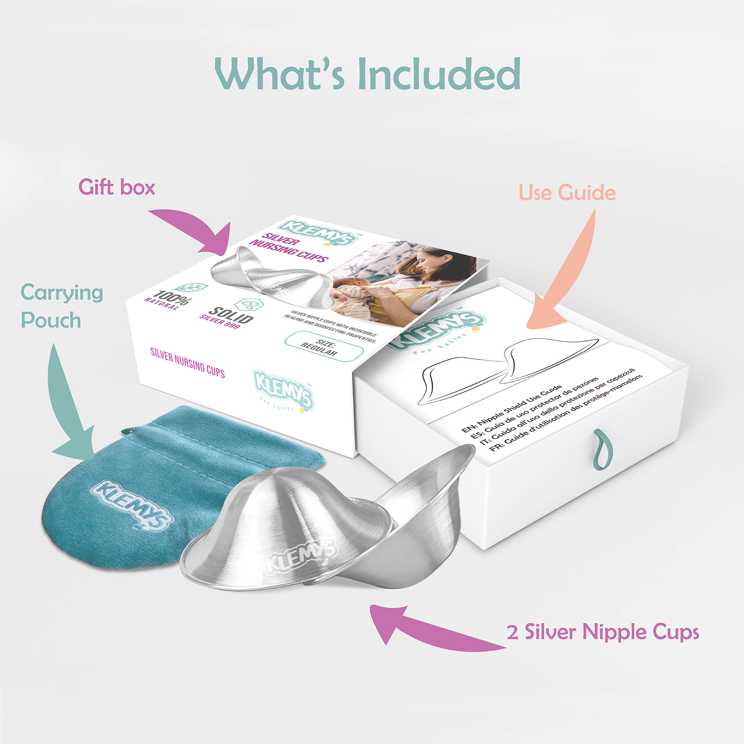 Klemys Silver Nursing Cups - Nipple Shields for Nursing Newborn - Breastfeeding Essentials - Newborn Must Haves - Nipple Covers Breastfeeding - 999 Silver (Regular)