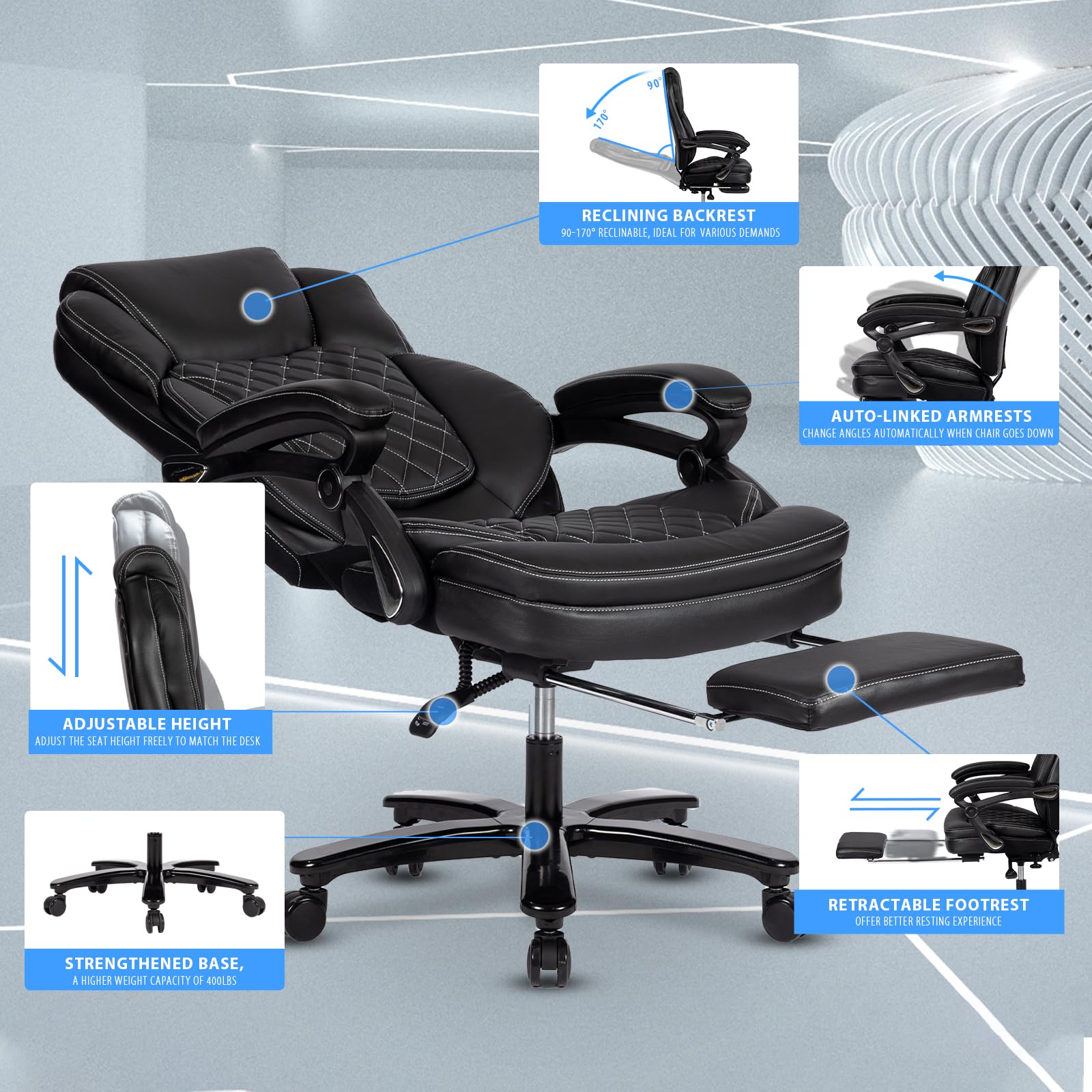 Kasorix Big and Tall Executive Home Office Chair with Footrest,Desk Chairs with Wheels and Arms,Adjustable Bonded PU Leather Office Chair