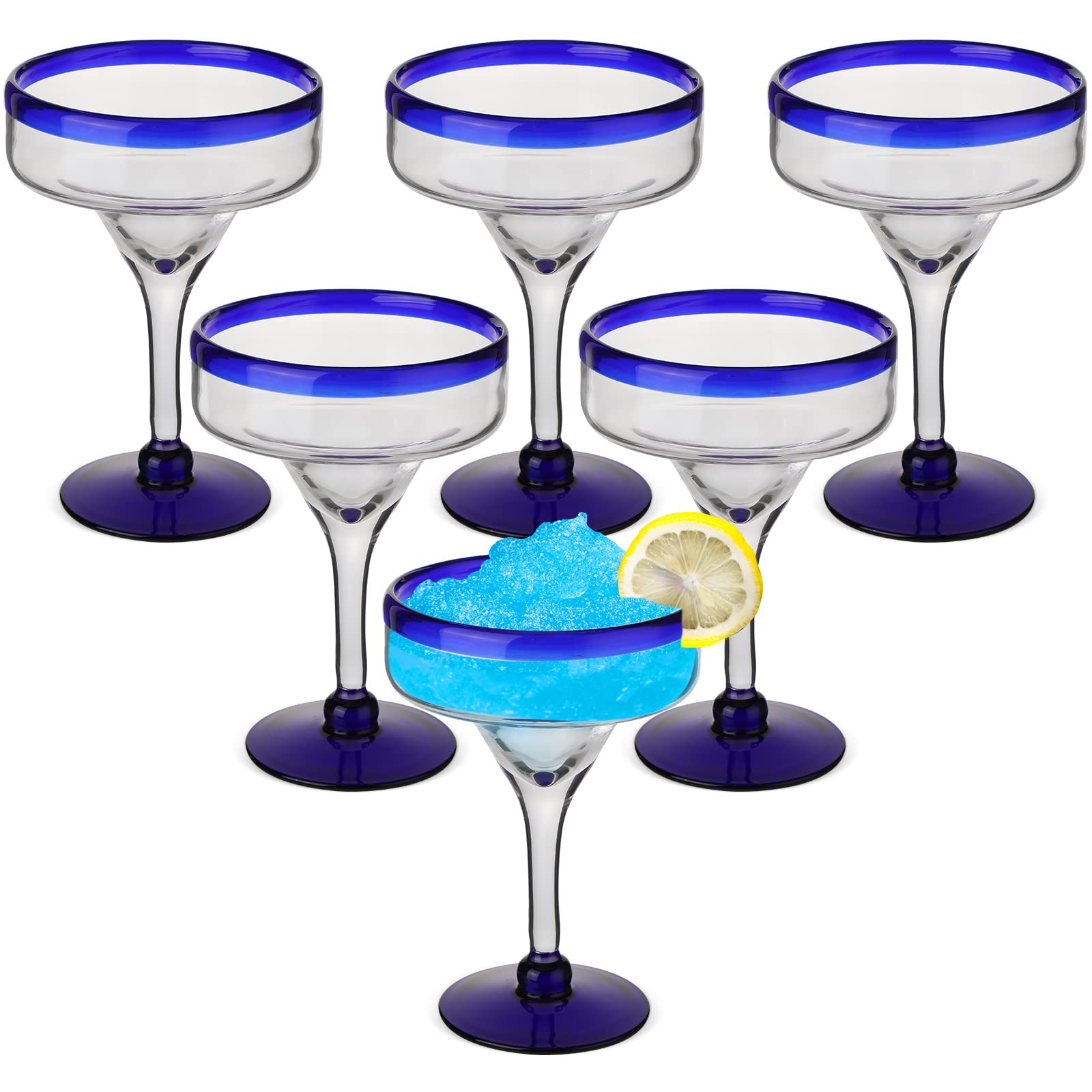 Margarita Glasses Set of 6 Hand Blown Glasses with Cobalt Blue Rim 14 oz Margarita Glasses for Cocktail Champagne Martini Glasses, Dishwasher Safe