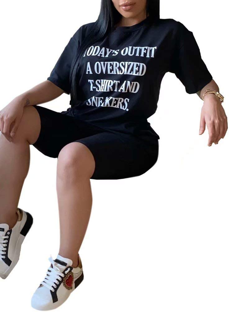 KOOBETON Womens Casual Solid Color 2 Piece Outfits Letter Print T Shirts Bodycon Shorts Tracksuits Black S