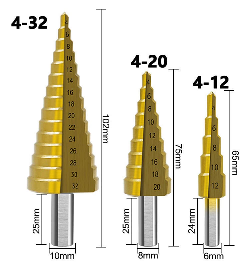 OPPSIUE Step Drill Bit Set, 6PCS HSS High Speed Steel for Stainless Steel, Metal, Wood, PlasticDrilling 4-32MM / 4-20 MM / 4-12MM / 6MM / 8MM / 3MM
