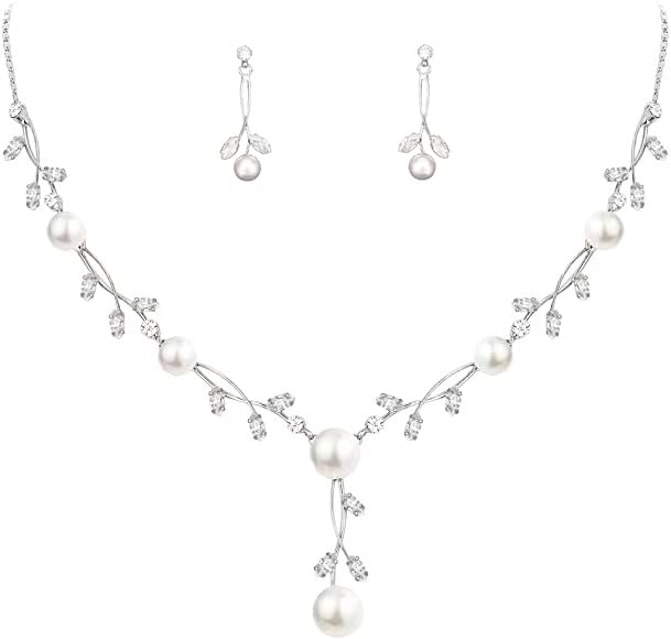 Luxury Cubic Zirconia Aurtrian Crystal Pearl Floral Necklace Dangle Earrings Wedding Bridal Jewelry Set Birthday Gifts for Her (Clear-Silver Plated)